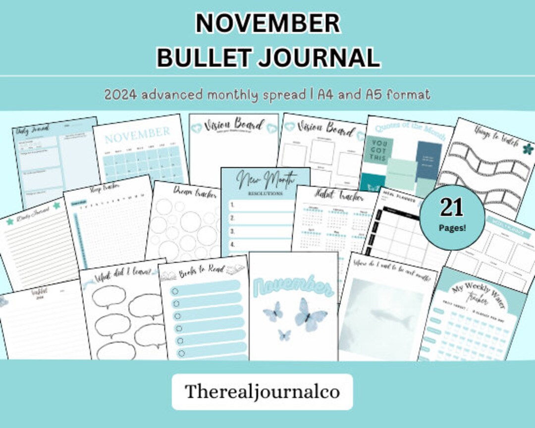 Digital Bullet Journal/planner Monthly Calendar 2024 November Teal Blue ...
