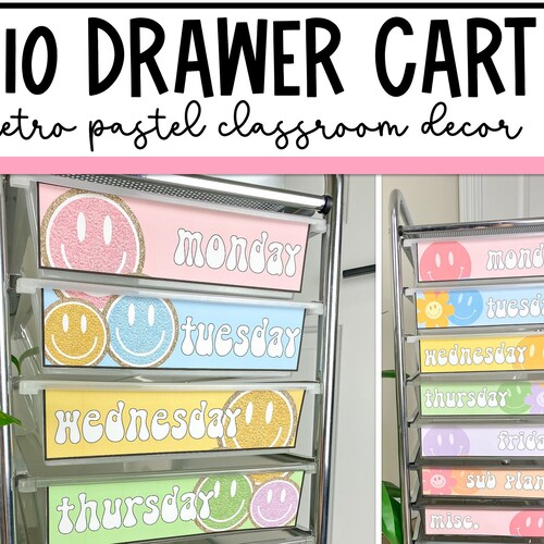 Retro Pastel 10 Drawer Rolling Cart Labels Teacher Cart - Etsy