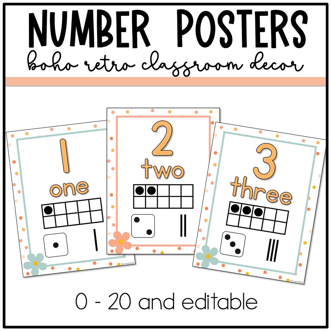 Boho Retro Number Posters, Classroom Decor, Daisy Classroom - Etsy