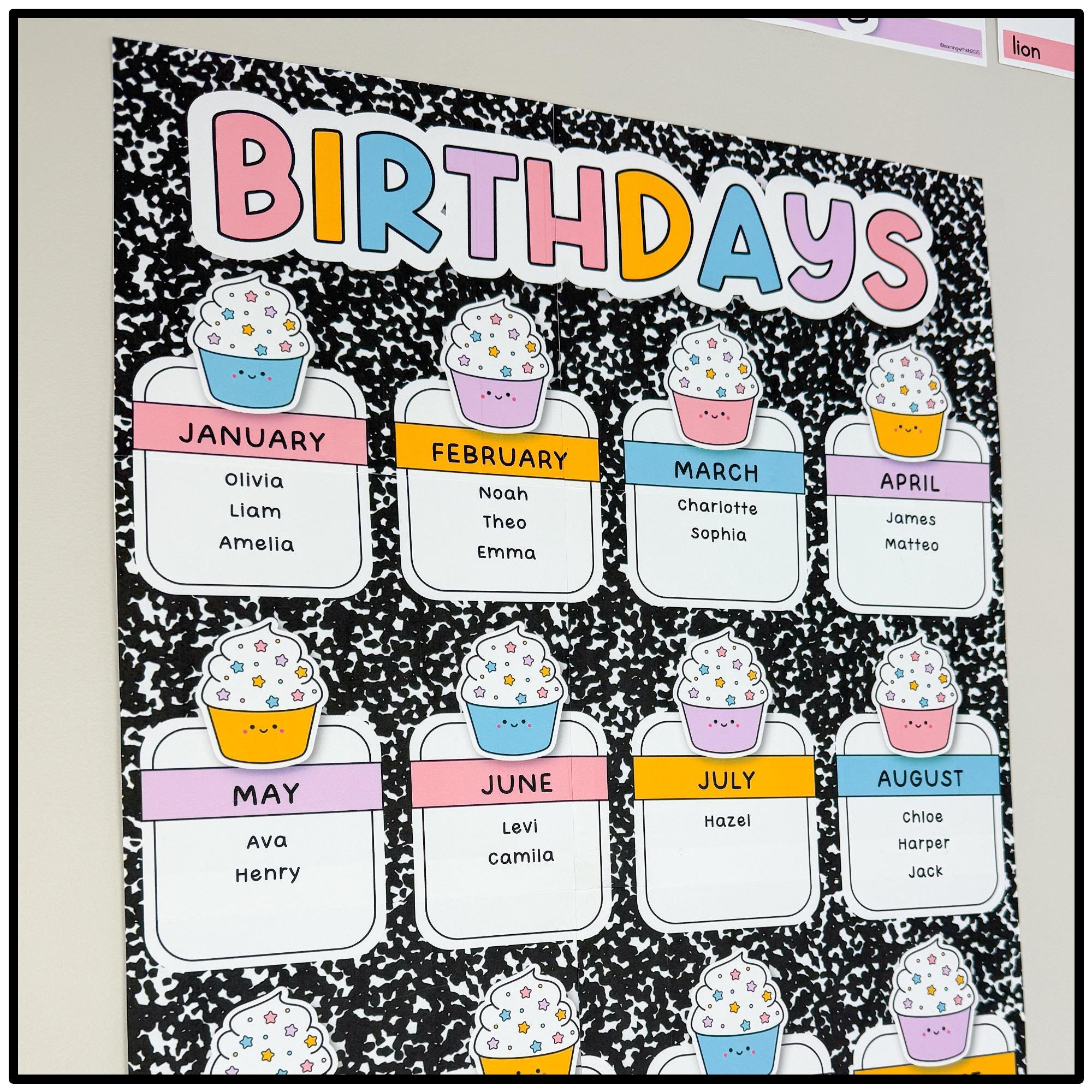 Composition Notebook Birthday Bulletin Board | Pastel Birthday Chart ...