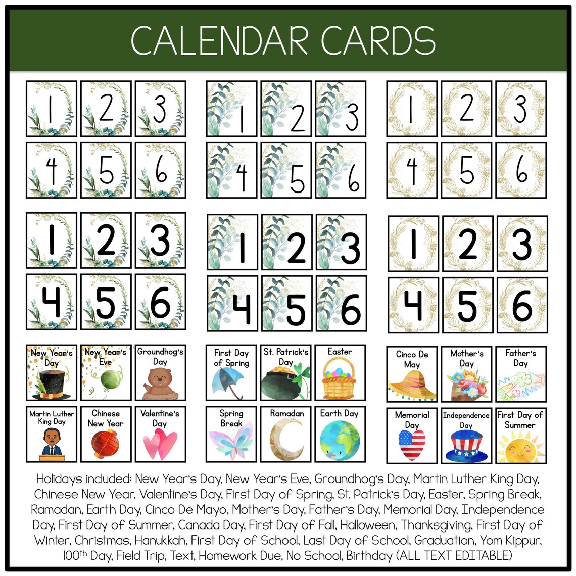 Eucalyptus and Gold Calendar Pocket Chart Botanical - Etsy