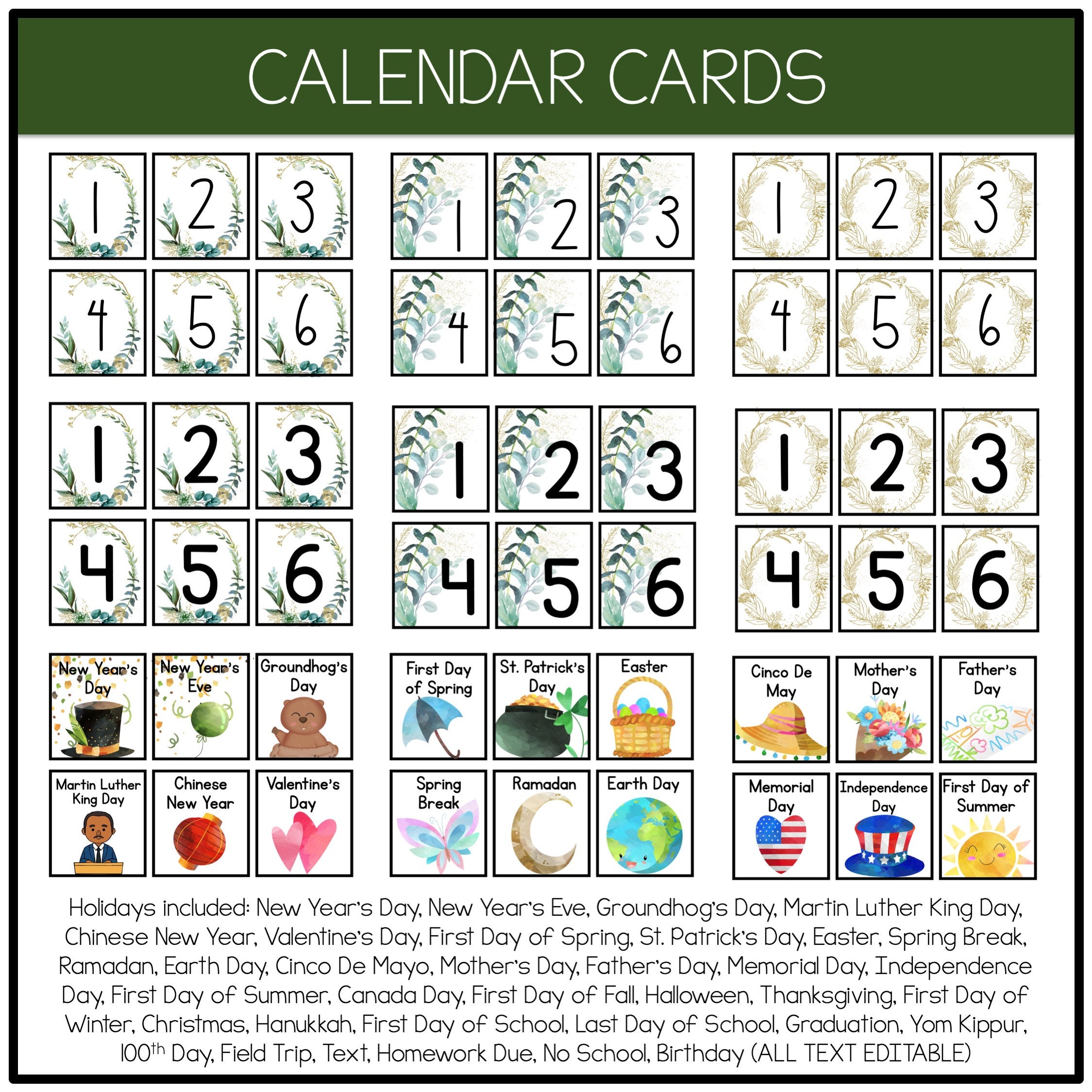 Eucalyptus and Gold Calendar Pocket Chart Botanical - Etsy