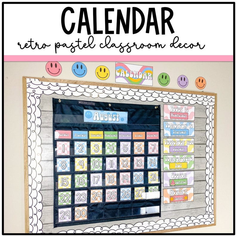 Retro Pastel Calendar Pocket Chart Happy Classroom Decor - Etsy