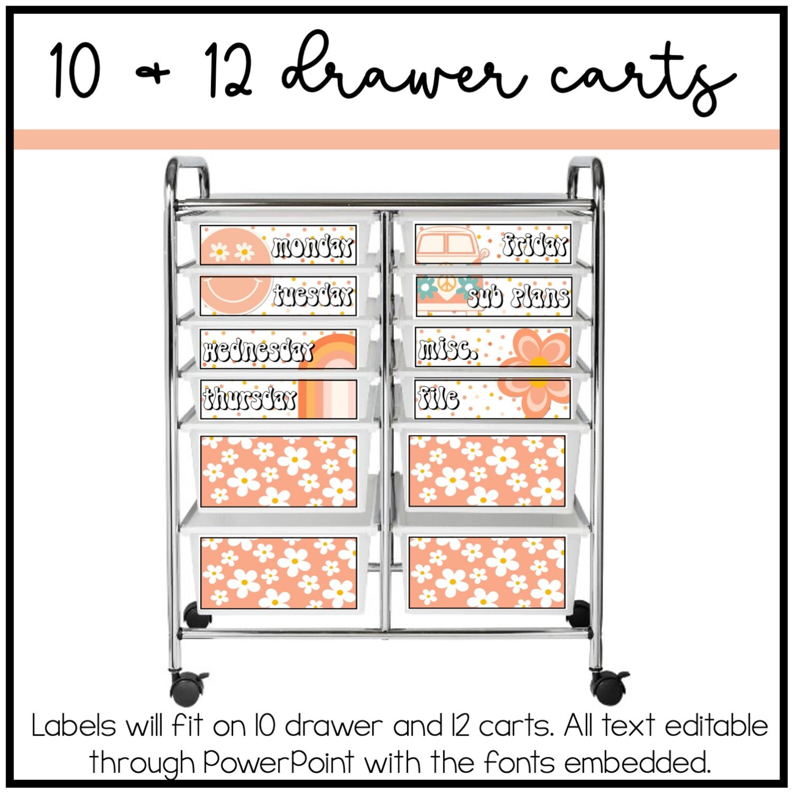 Boho Retro 10 and 12 Drawer Rolling Cart Labels | Teacher Cart | Daisy ...