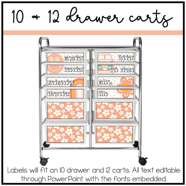 Boho Retro 10 and 12 Drawer Rolling Cart Labels | Teacher Cart | Daisy ...
