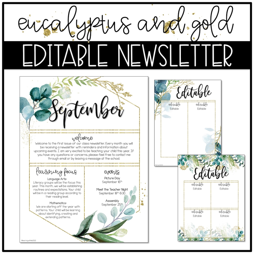 Eucalyptus and Gold Classroom Decor | Classroom Newsletter - Etsy