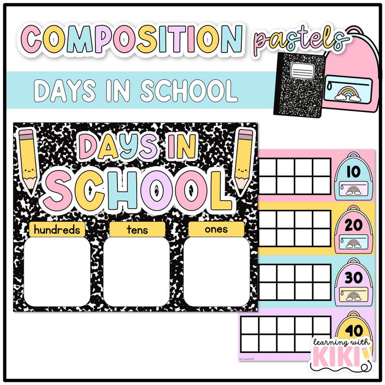 Composition Notebook Pastels Classroom Decor: Days in School Ten Frame ...