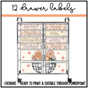 Retro 10 Drawer Rolling Cart Label, Retro Cart Labels, Groovy Classroom ...