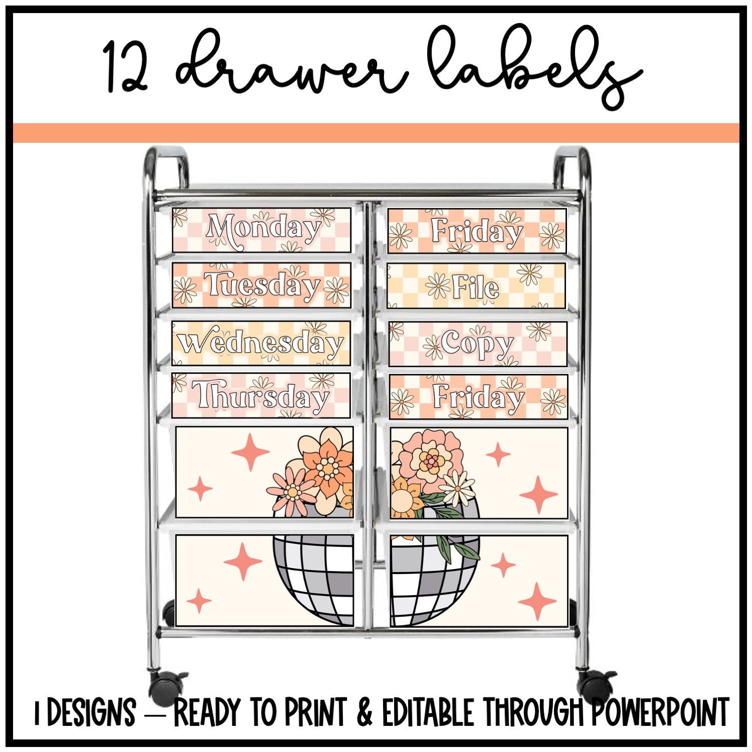 Retro 10 Drawer Rolling Cart Label, Retro Cart Labels, Groovy Classroom ...