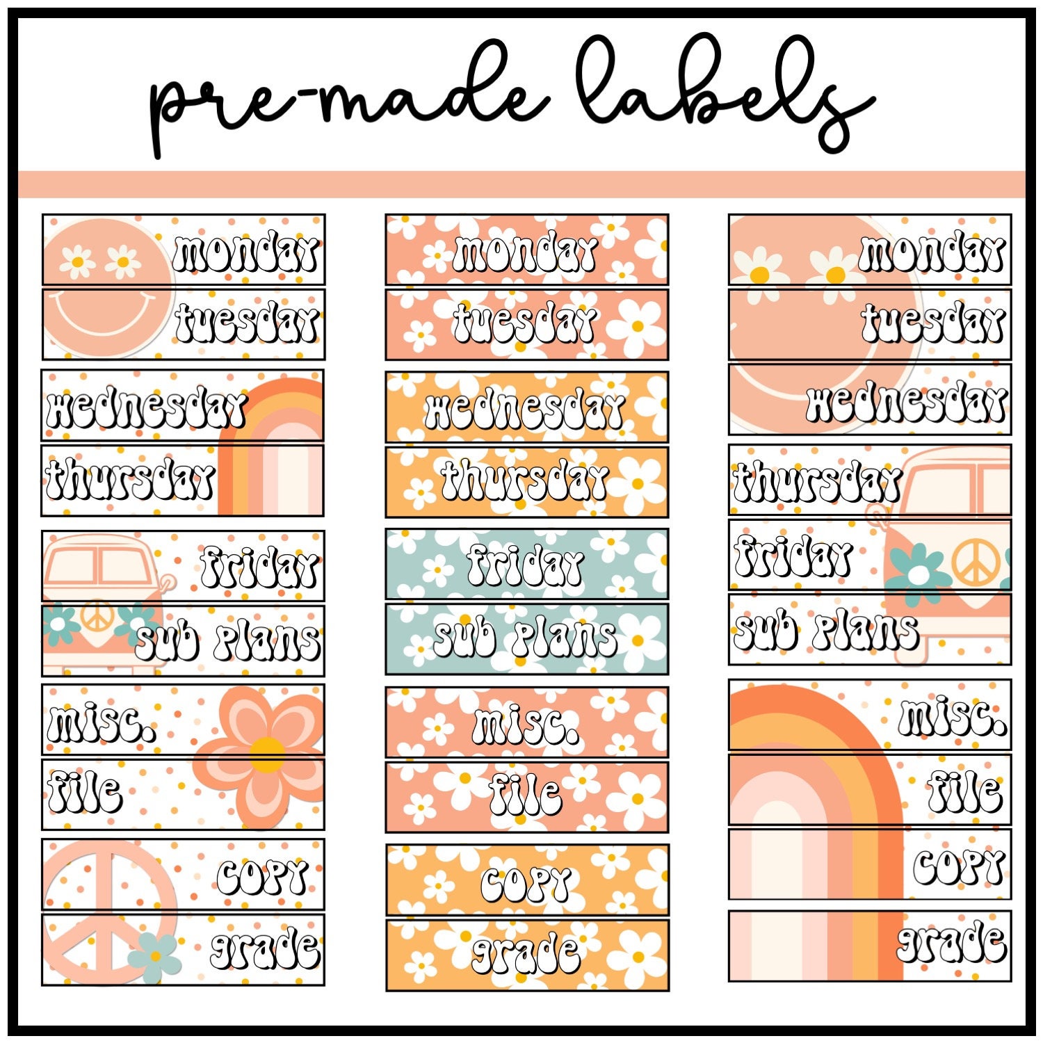 Boho Retro 10 and 12 Drawer Rolling Cart Labels | Teacher Cart | Daisy ...
