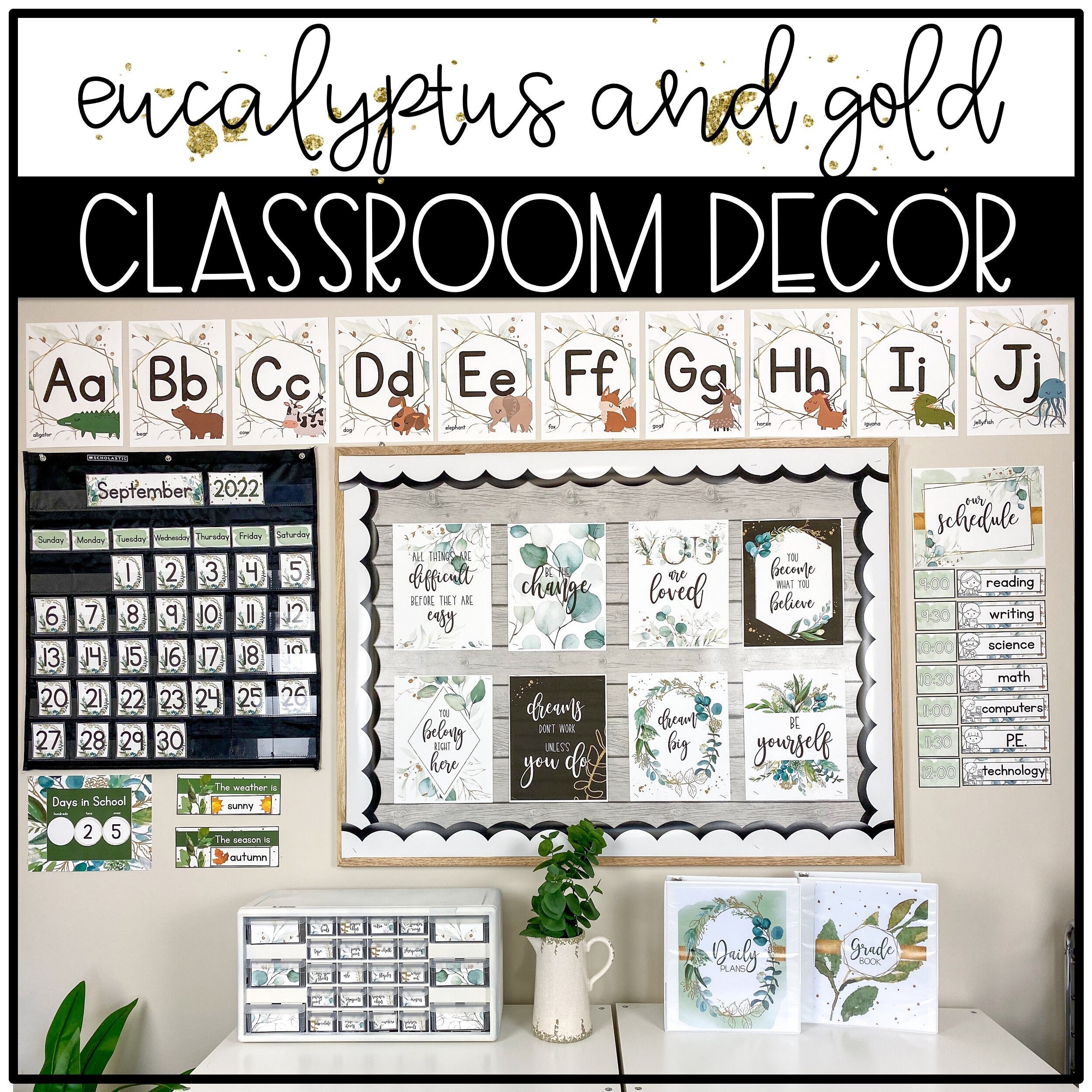 Eucalyptus and Gold Classroom Decor Bundle Editable - Etsy Canada