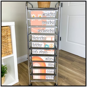 Boho Retro 10 and 12 Drawer Rolling Cart Labels | Teacher Cart | Daisy ...