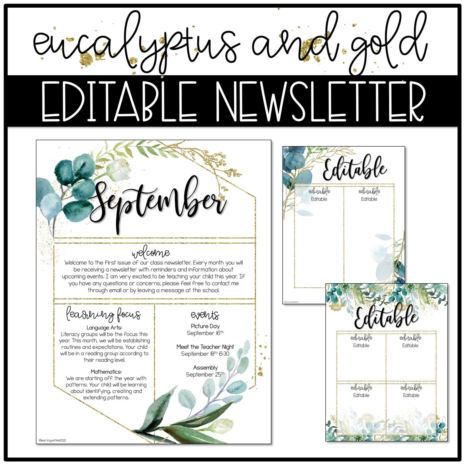 Eucalyptus and Gold Classroom Decor Classroom Newsletter - Etsy