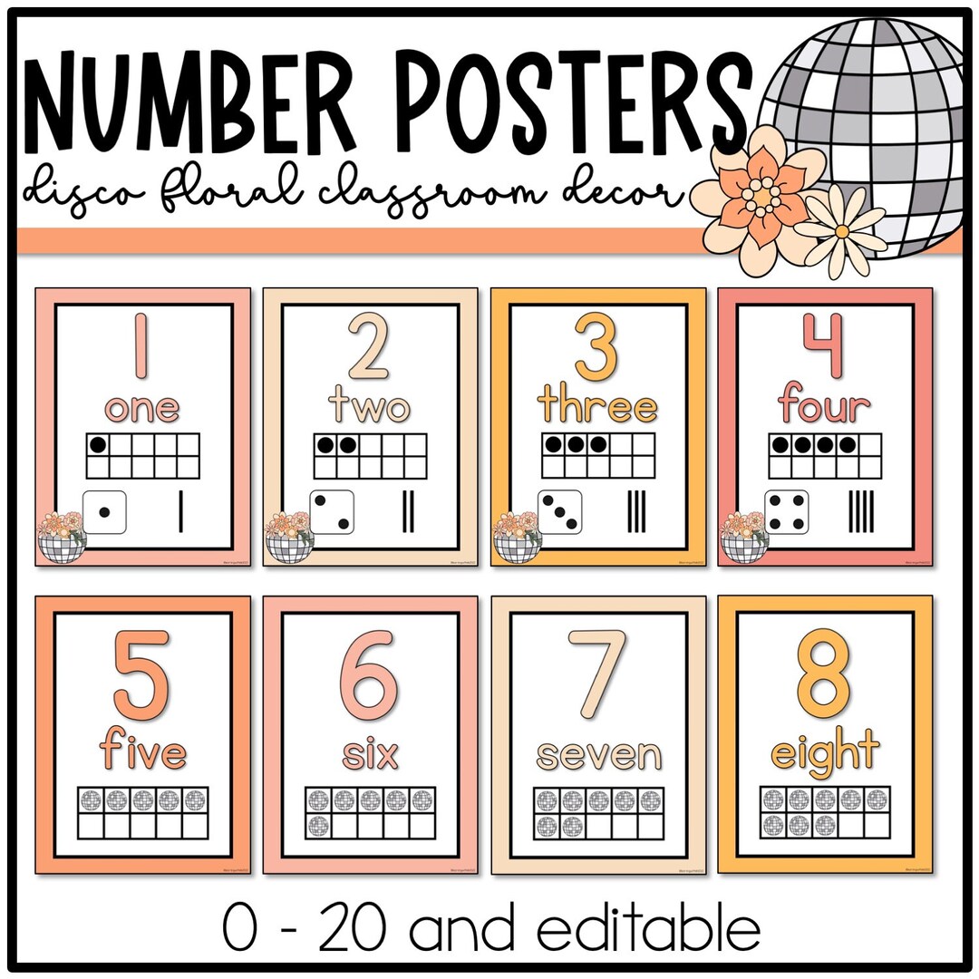 Disco Floral Number Posters, Retro Classroom Decor - Etsy