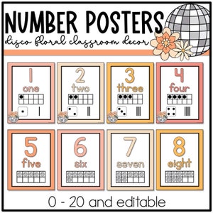 Disco Floral Number Posters, Retro Classroom Decor - Etsy