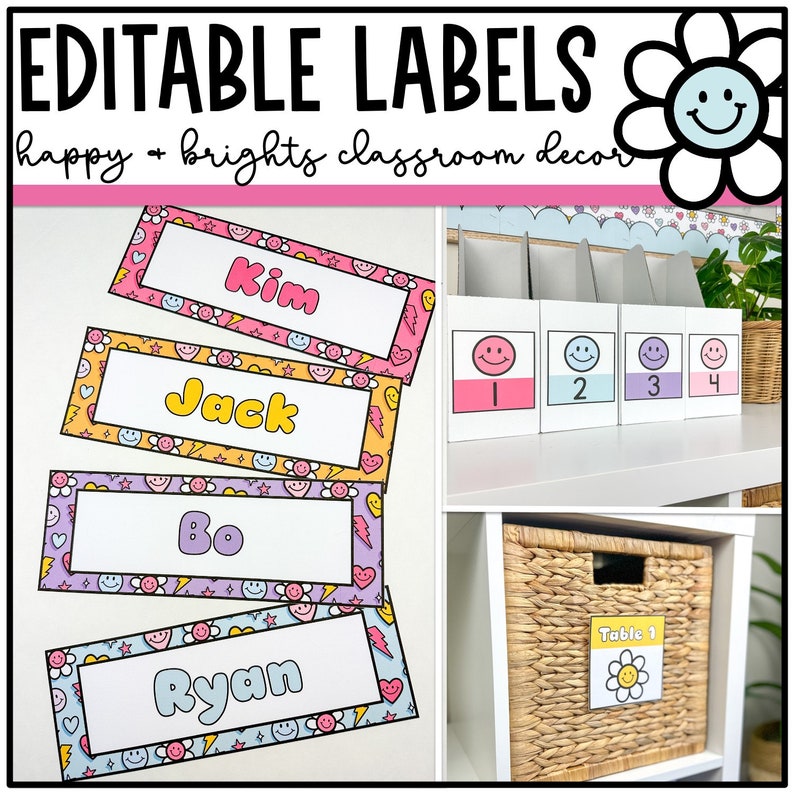 Happy Brights Name Tags, Classroom Labels, Editable, Bright Classroom ...
