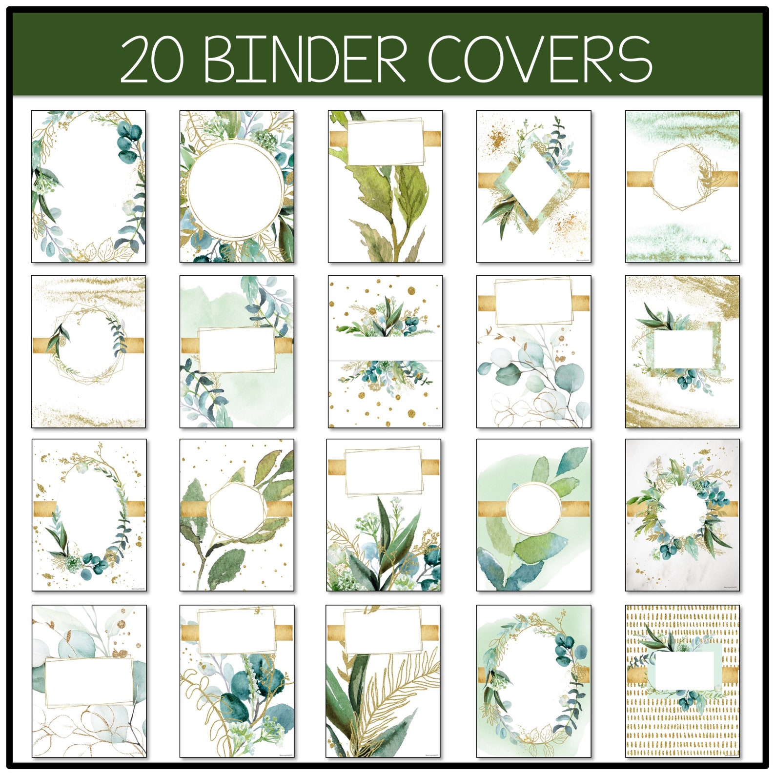 Eucalyptus and Gold Binder Covers Editable Botanical Classroom Decor ...
