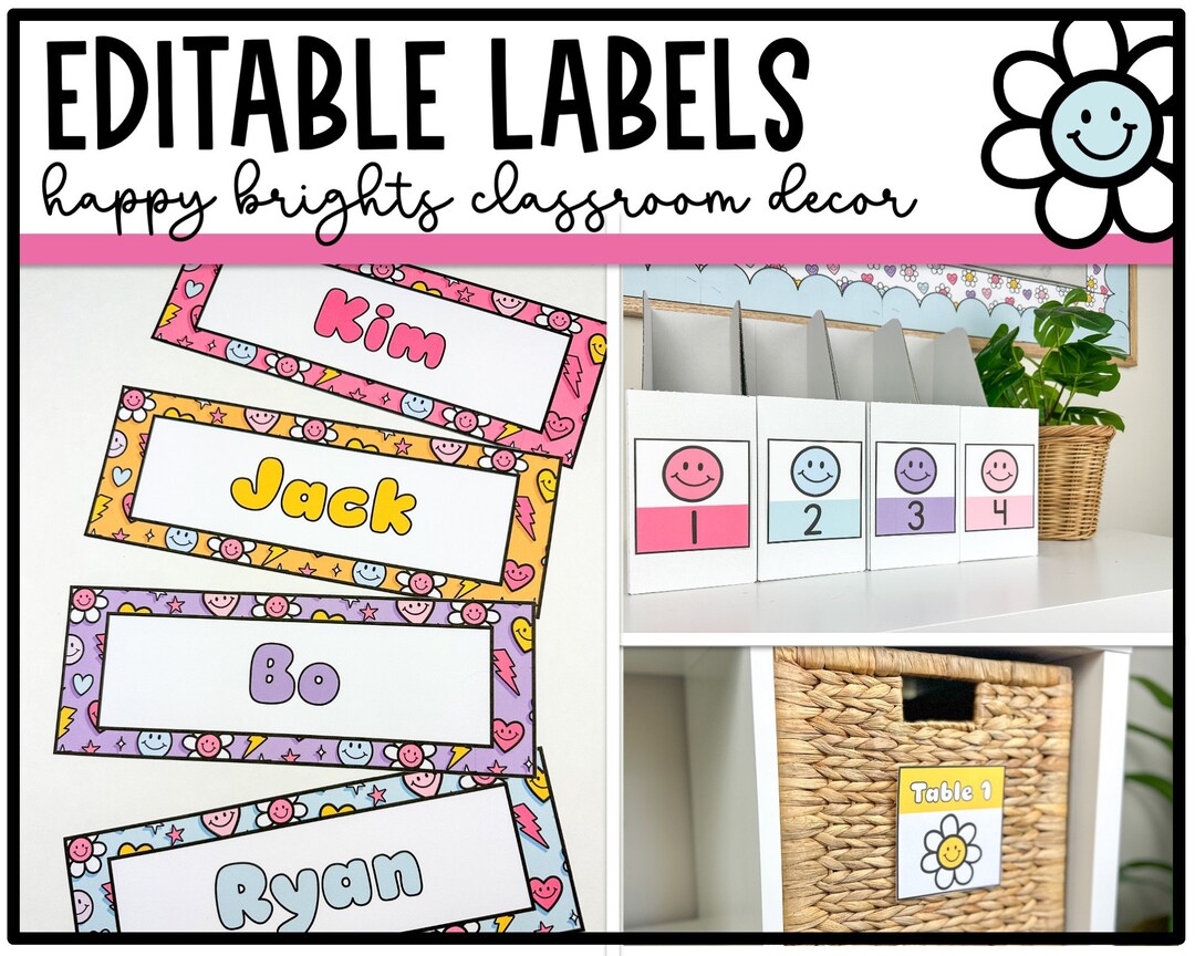Happy Brights Name Tags Classroom Labels Editable Bright - Etsy