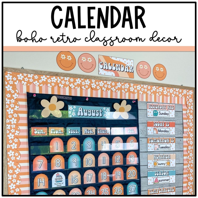 Boho Retro Calendar Pocket Chart Daisy Classroom Decor - Etsy