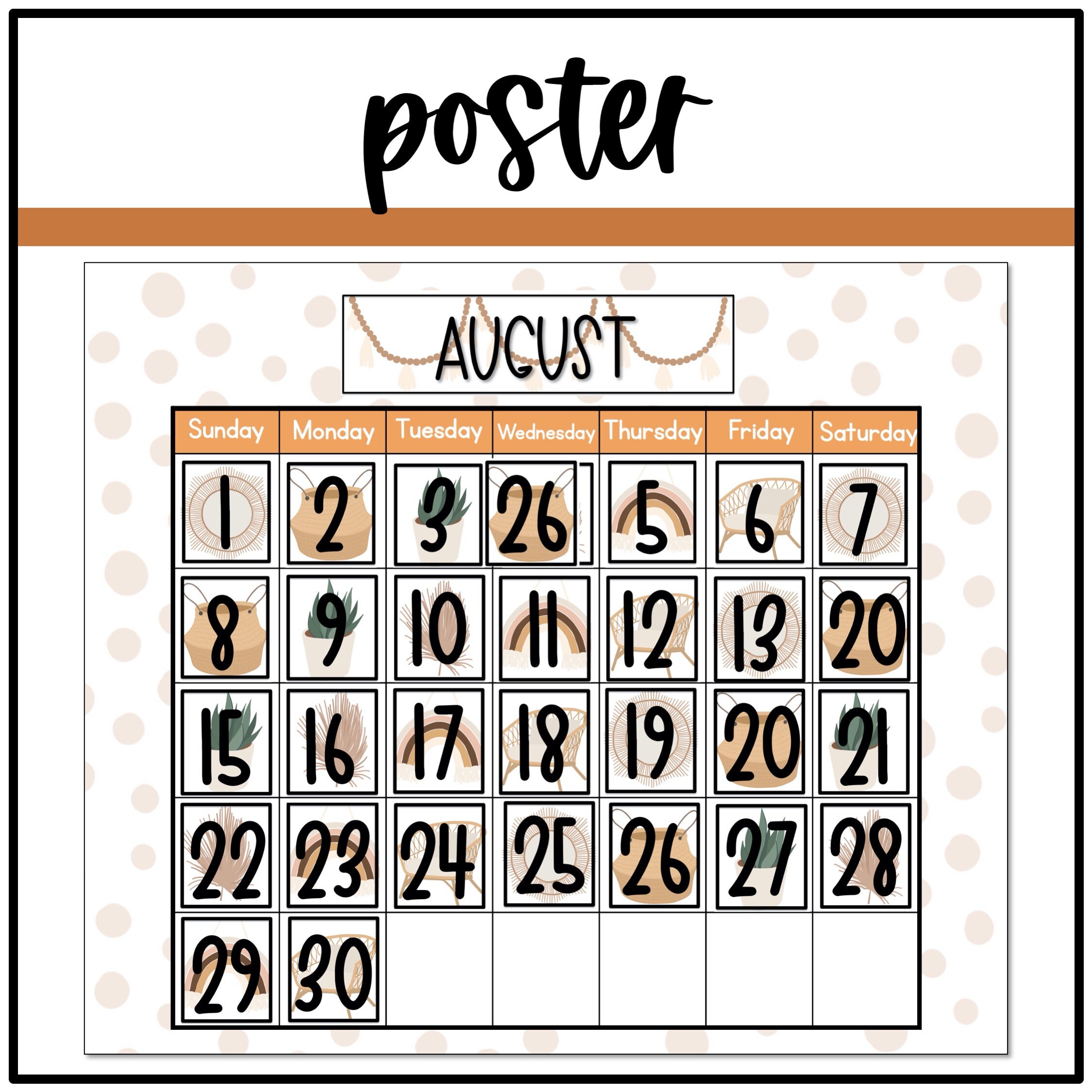 MODERN BOHO Calendar Pocket Chart Desert Neutral Classroom - Etsy