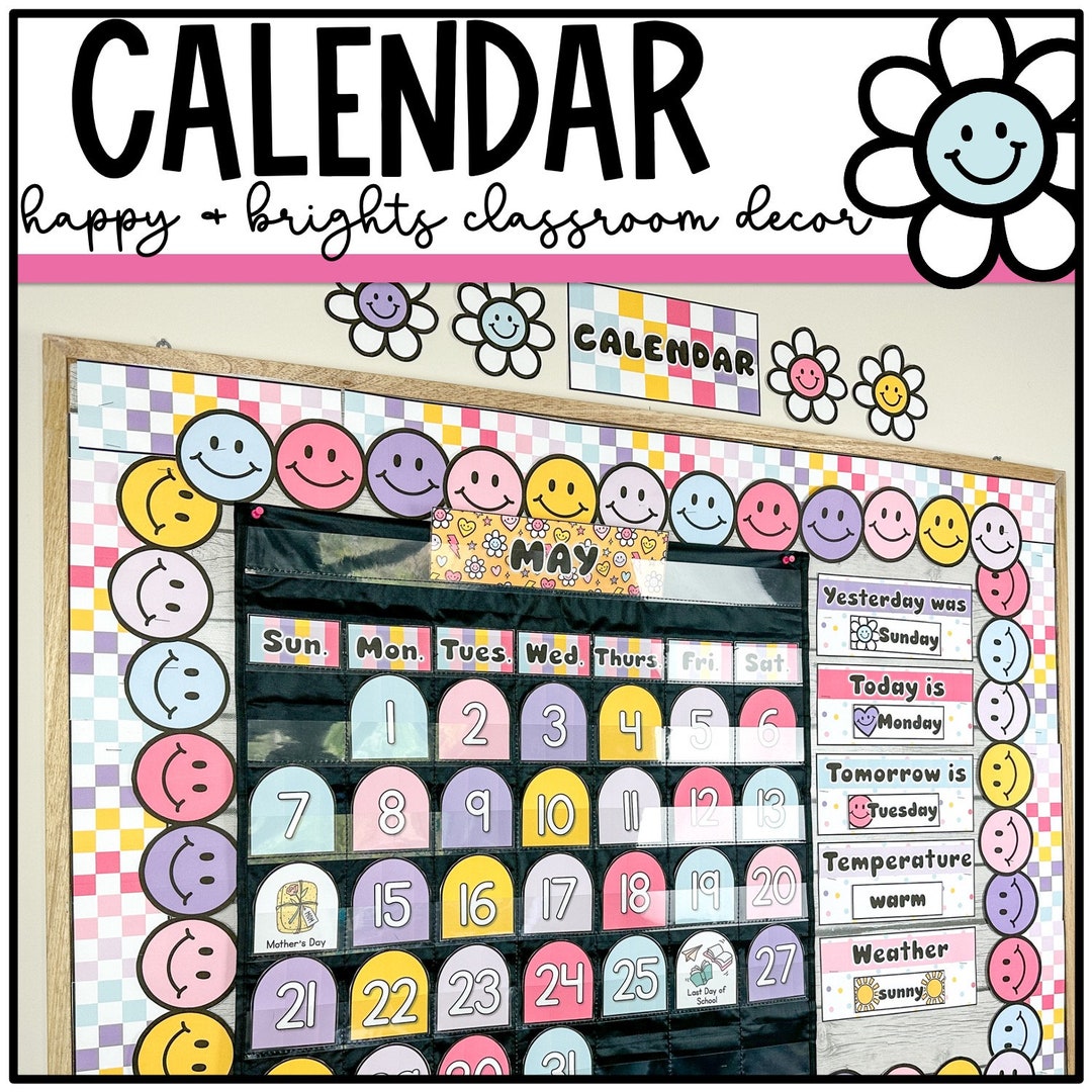 Happy Brights Calendar | Pocket Chart | Bright Classroom Decor - Etsy