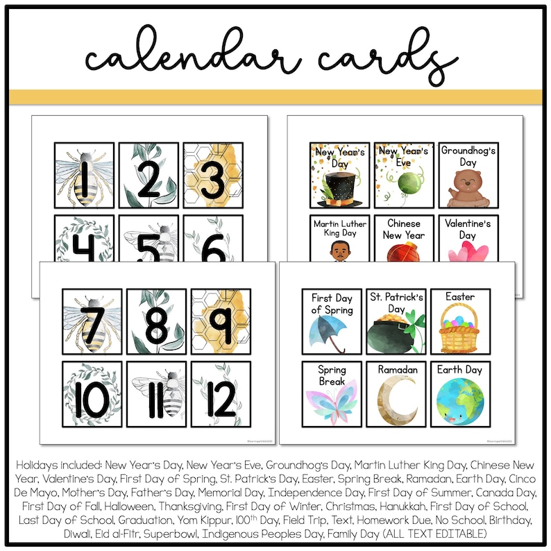Bee Classroom Decor Calendar | Pocket Chart | Editable - Etsy