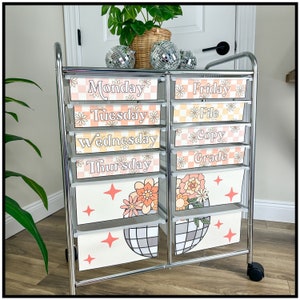 Retro 10 Drawer Rolling Cart Label, Retro Cart Labels, Groovy Classroom ...