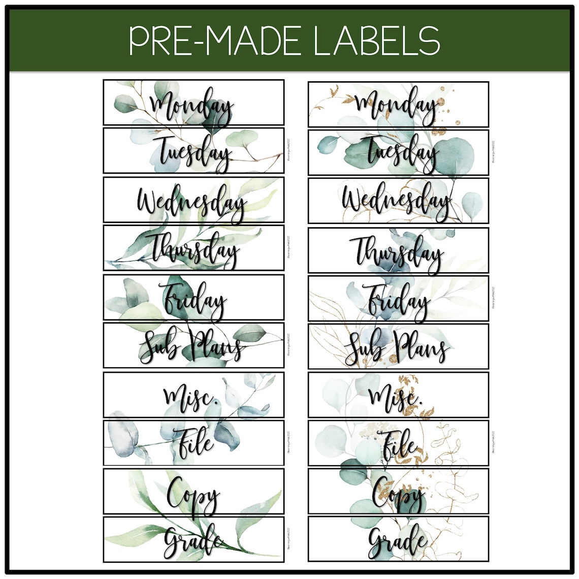 Eucalyptus and Gold 10 and 12 Drawer Rolling Cart Labels | Teacher Cart ...