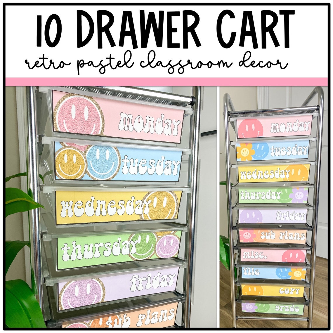 Retro Pastel 10 Drawer Rolling Cart Labels Teacher Cart - Etsy