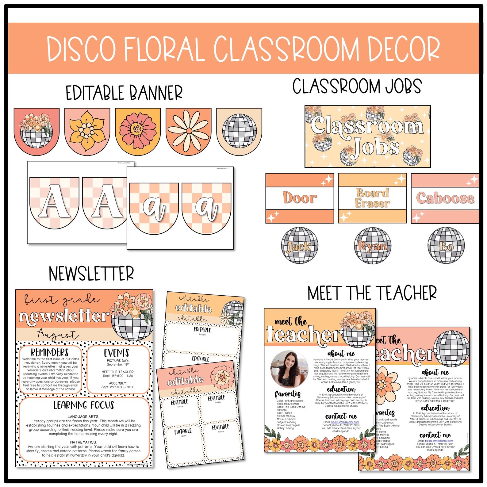 Disco Floral Classroom Decor Bundle, Editable, Classroom Theme, Retro ...