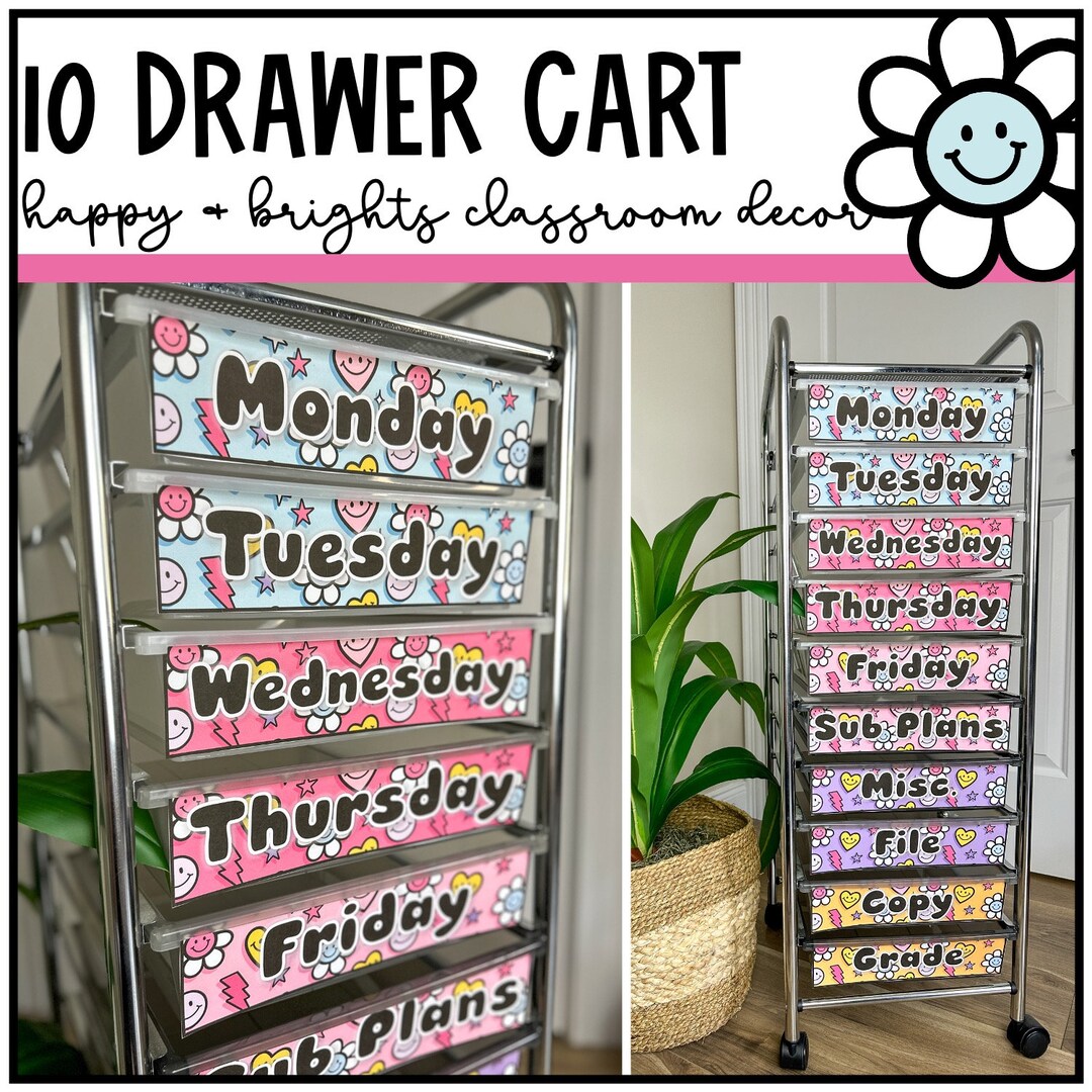 Happy Brights 10 Drawer Rolling Cart Labels, Teacher Cart, Bright ...