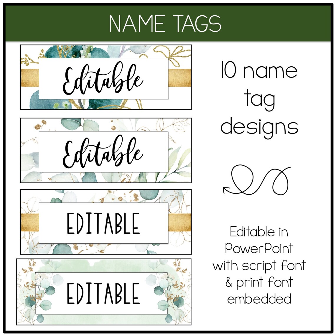 Eucalyptus and Gold Name Tags | Classroom Labels | Editable - Etsy