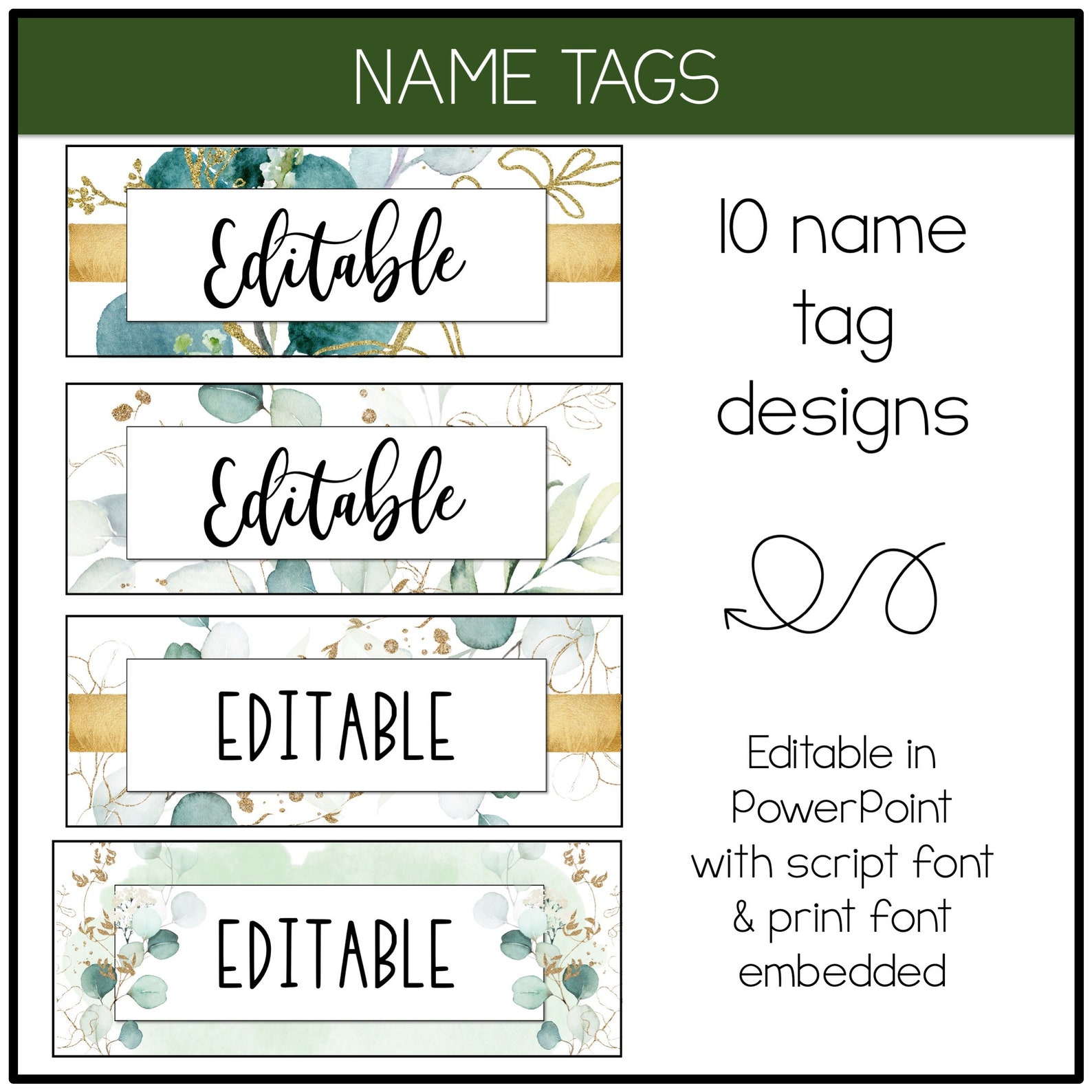 Eucalyptus and Gold Name Tags Classroom Labels Editable - Etsy