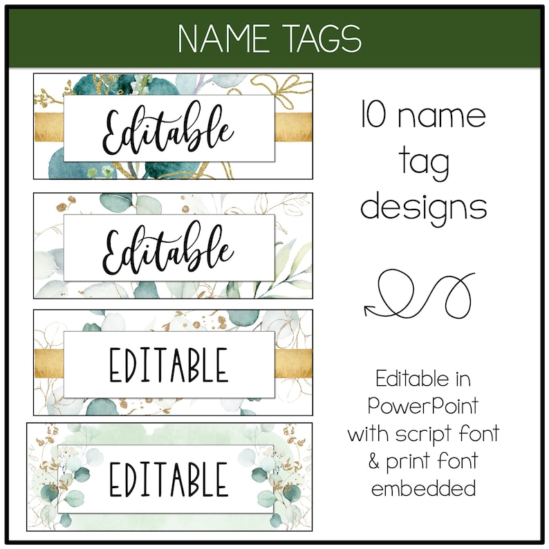 Eucalyptus and Gold Name Tags Classroom Labels Editable - Etsy