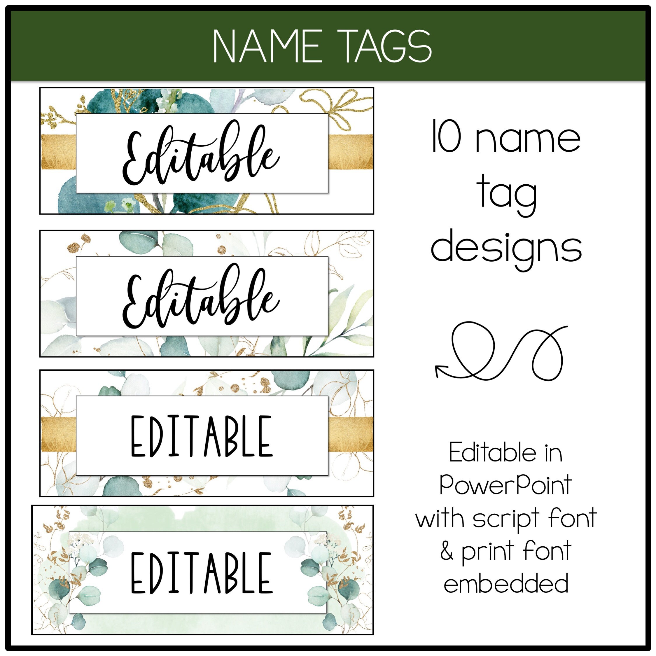Eucalyptus and Gold Name Tags Classroom Labels Editable - Etsy