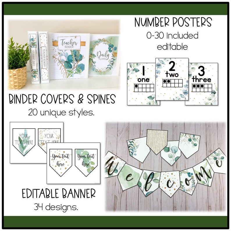Eucalyptus and Gold Classroom Decor Bundle | Editable | Botanical - Etsy