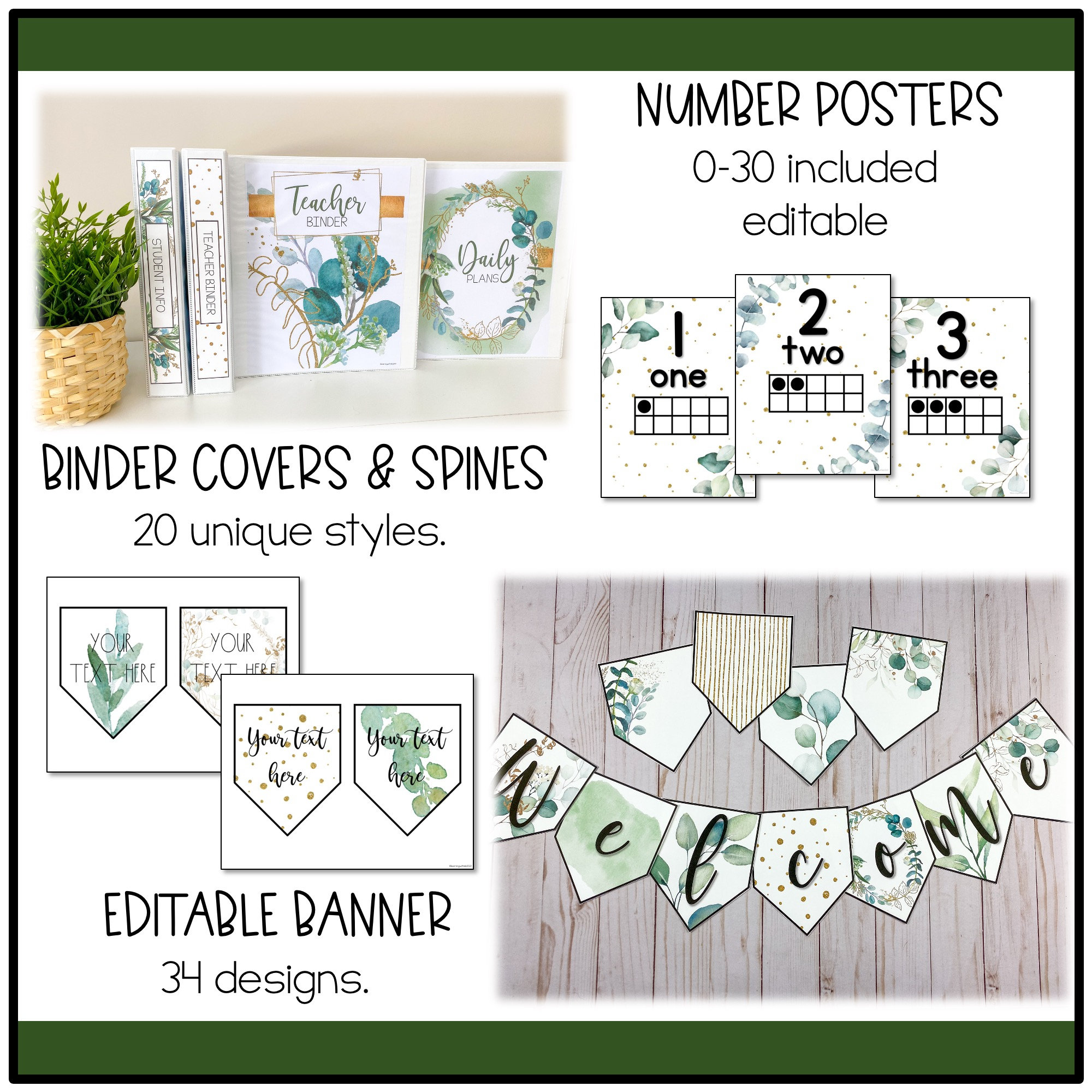 Eucalyptus and Gold Classroom Decor Bundle | Editable | Botanical - Etsy