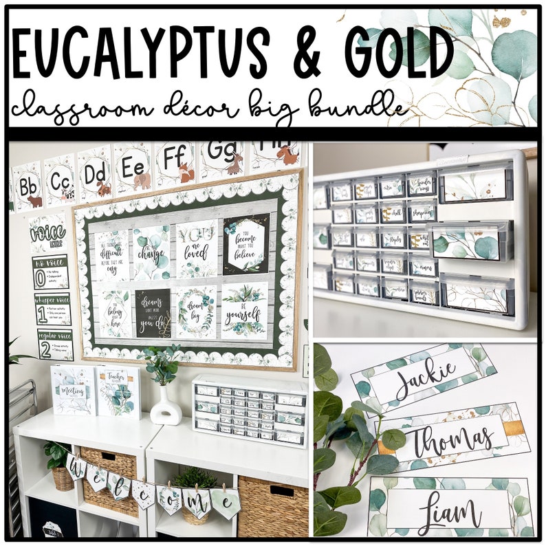 Eucalyptus and Gold Classroom Decor Bundle | Editable | Botanical - Etsy