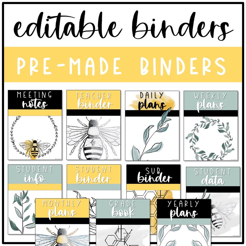 Bee Binder Covers Editable Bee and Eucalyptus Classroom - Etsy