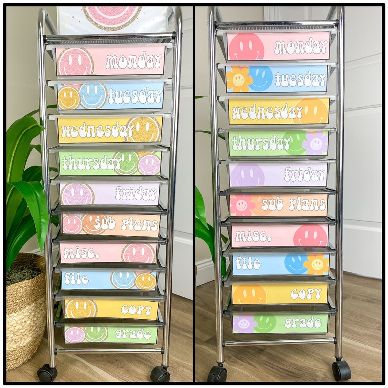 Retro Pastel 10 Drawer Rolling Cart Labels Teacher Cart - Etsy