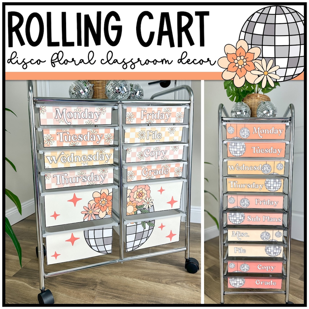 Retro 10 Drawer Rolling Cart Label, Retro Cart Labels, Groovy Classroom ...