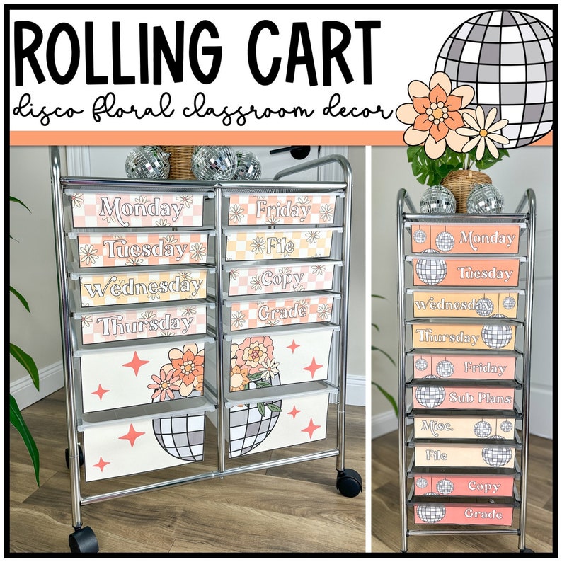 Retro 10 Drawer Rolling Cart Label, Retro Cart Labels, Groovy Classroom ...