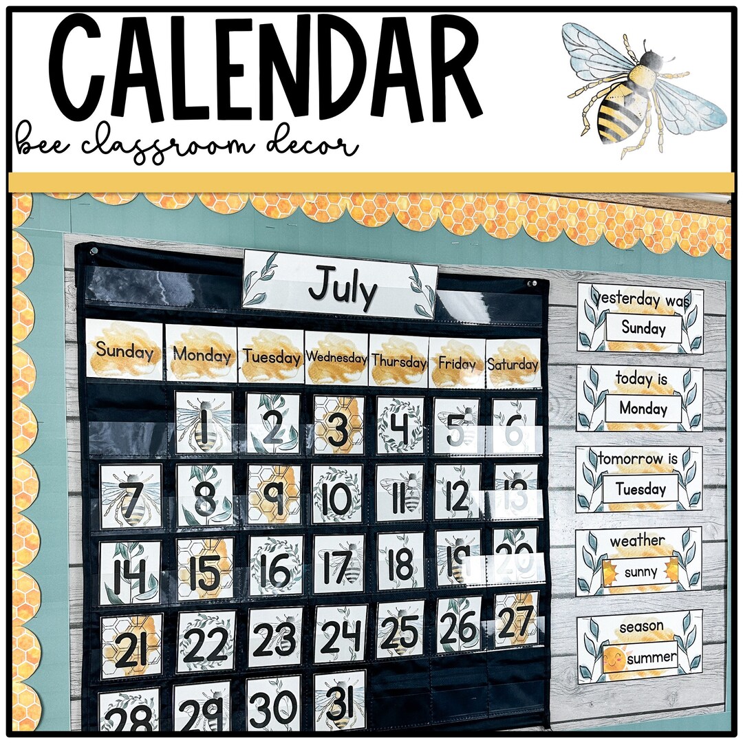 Bee Classroom Decor Calendar | Pocket Chart | Editable - Etsy