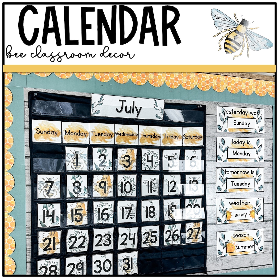 Bee Classroom Decor Calendar | Pocket Chart | Editable - Etsy