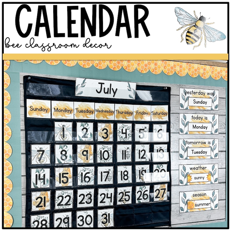 Bee Classroom Decor Calendar | Pocket Chart | Editable - Etsy