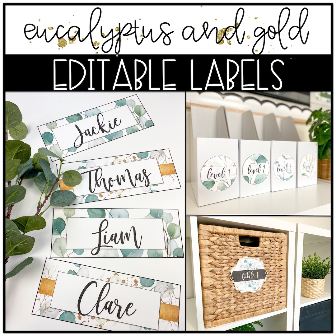 Eucalyptus and Gold Name Tags | Classroom Labels | Editable - Etsy