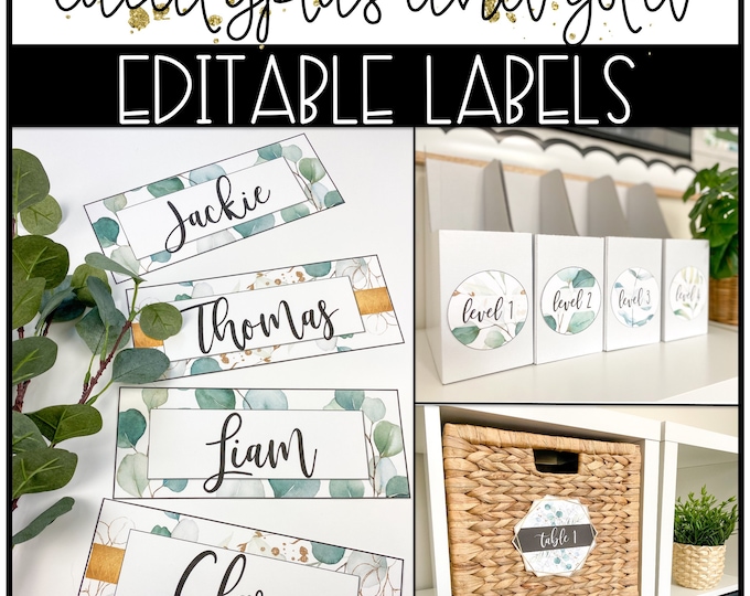 Eucalyptus and Gold Name Tags | Classroom Labels | Editable - Etsy Canada