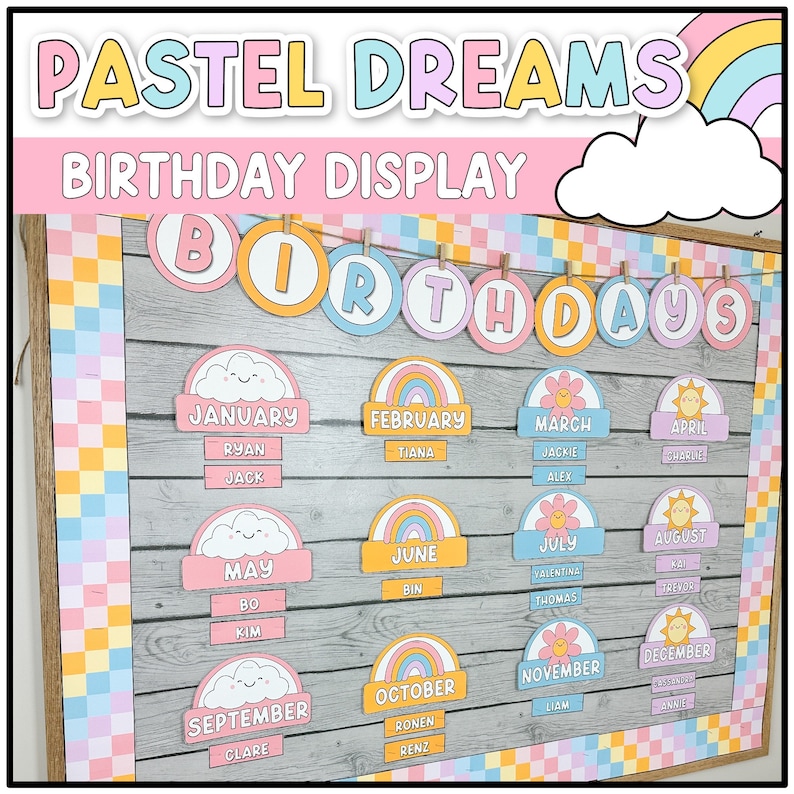 Pastel Birthday Display | Bulletin Board | Cloud Classroom Decor - Etsy