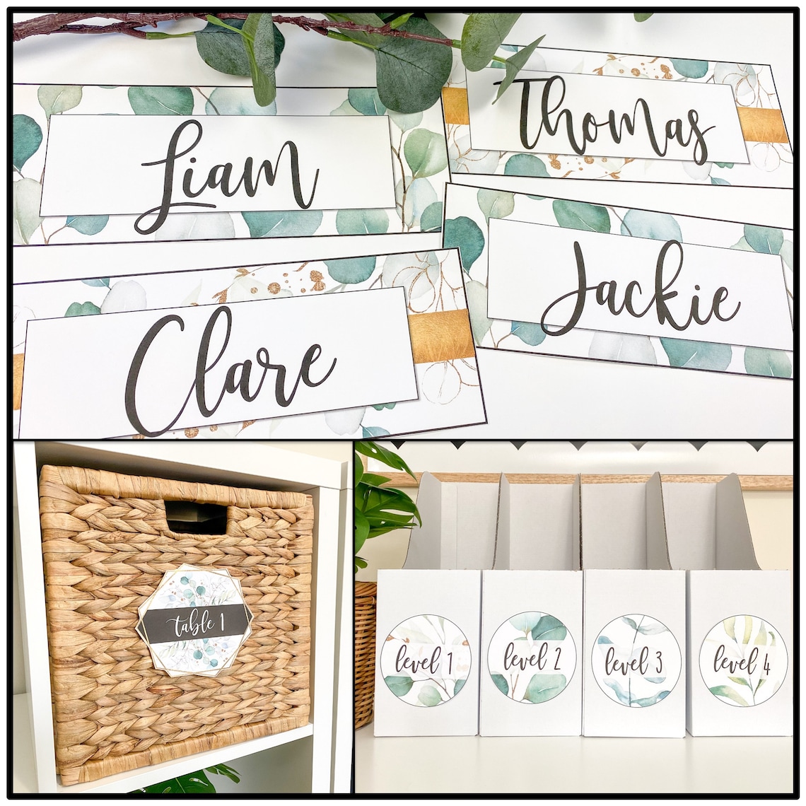 Eucalyptus and Gold Name Tags Classroom Labels Editable - Etsy