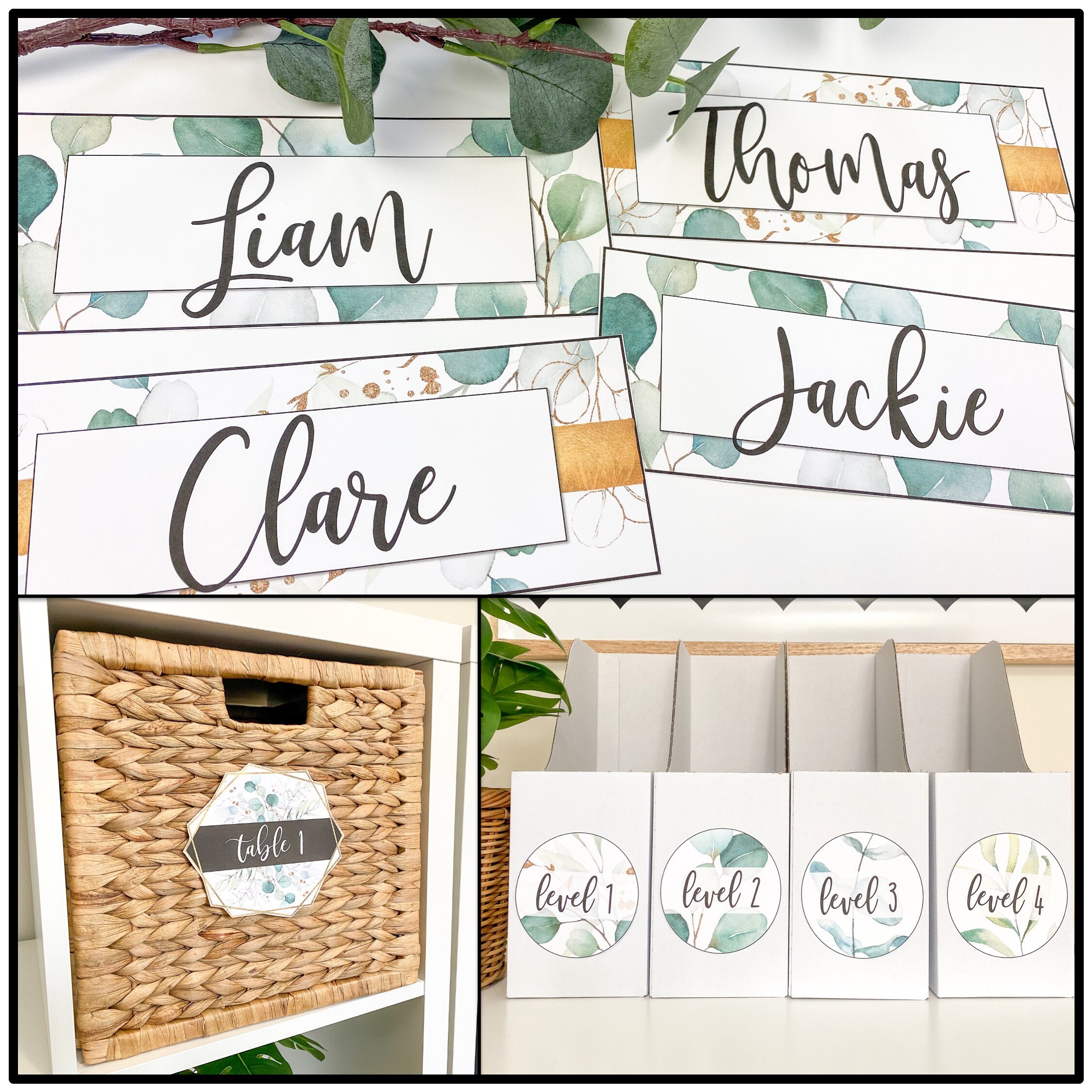 Eucalyptus and Gold Name Tags | Classroom Labels | Editable - Etsy